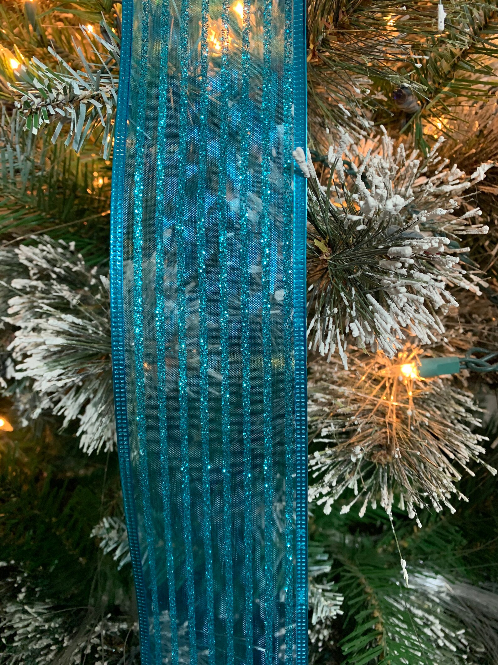 Large Christmas Tree Topper Bow: White & Teal Glitter Snowflake Ribbon ...