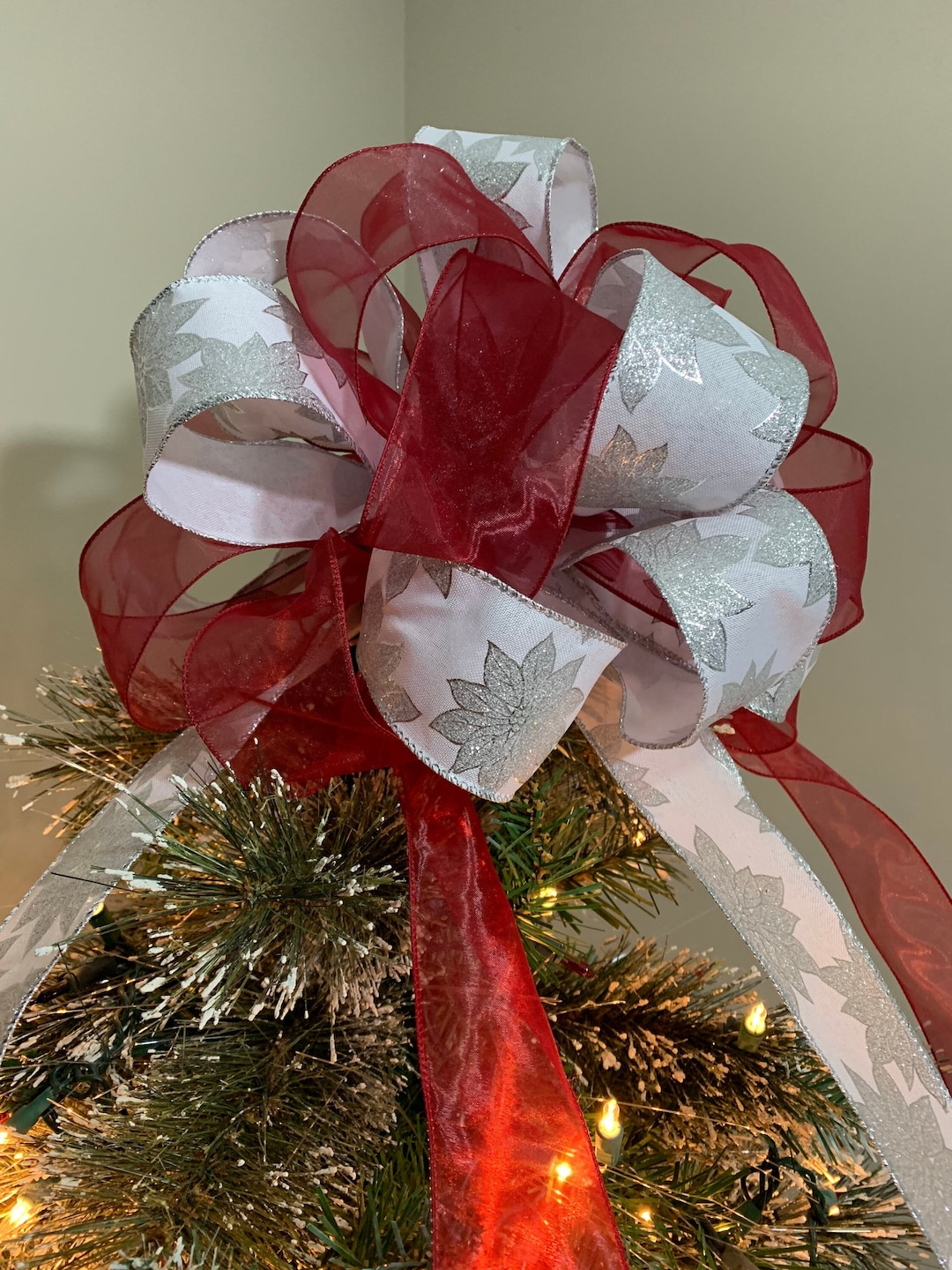 Large Christmas Tree Topper White Linen With Silver Glitter Poinsettia ...