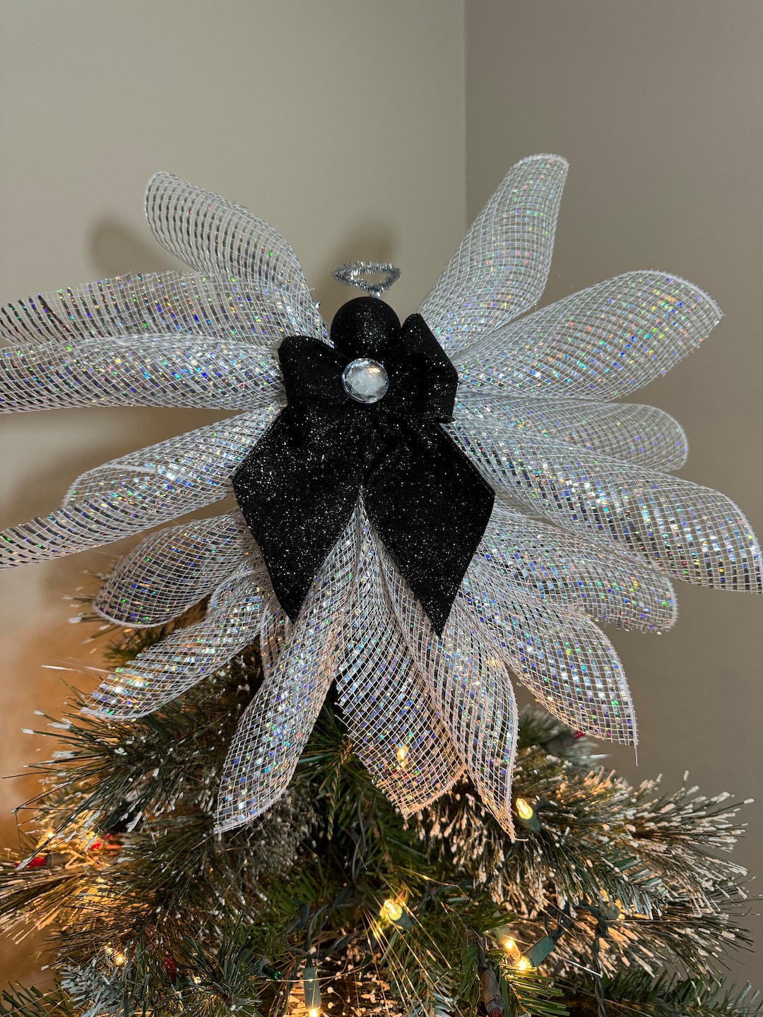 Silver With Black Bow Angel Christmas Tree Topper Deco Mesh - Etsy