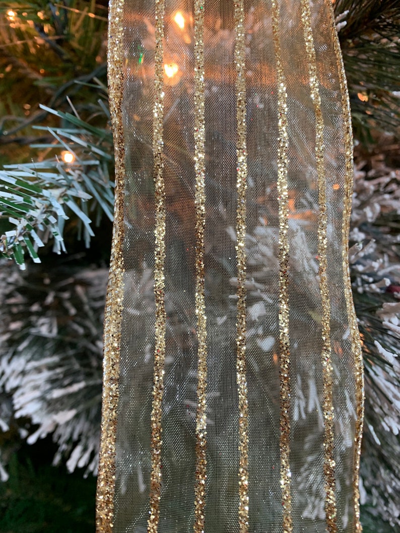 Large Sheer Gold With Gold Glitter Stripes Ribbon and Sheer | Etsy