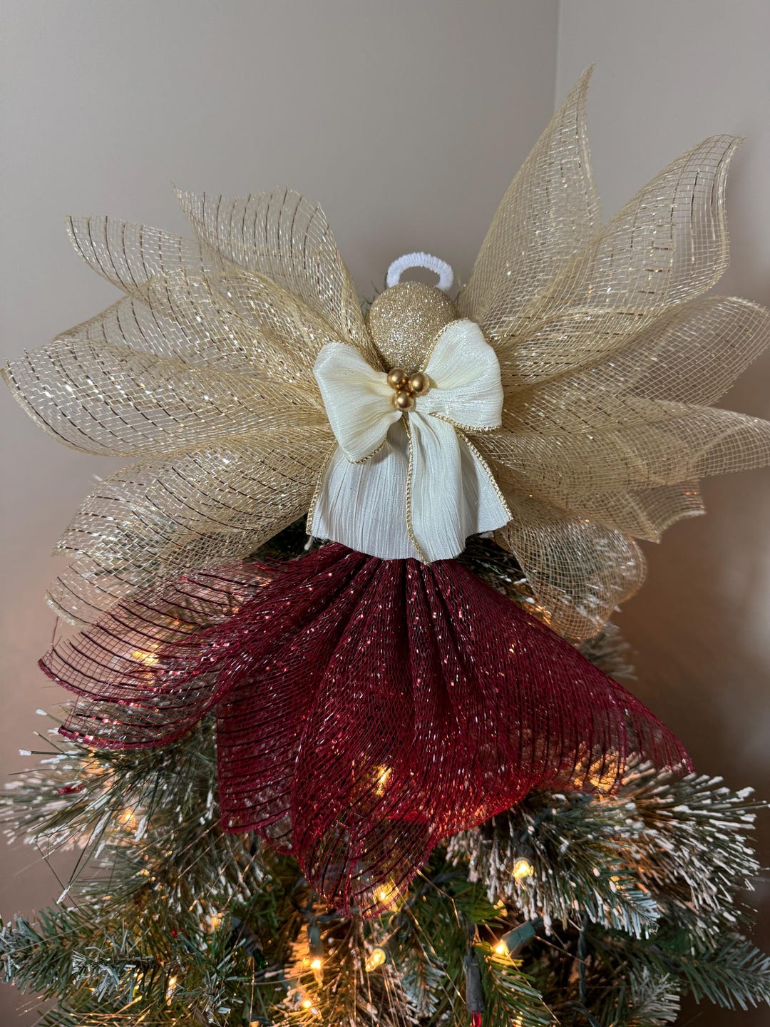 Burgundy and Champagne Gold Deco Mesh Angel, Tree Topper, Guardian ...
