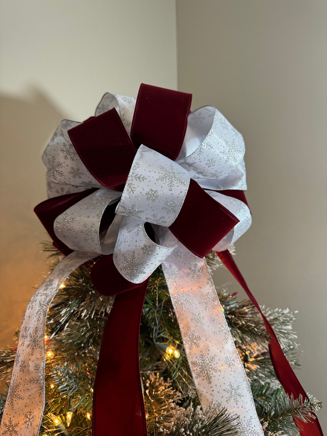 Large Christmas Tree Topper Burgundy Velour Ribbon and a White Ribbon ...