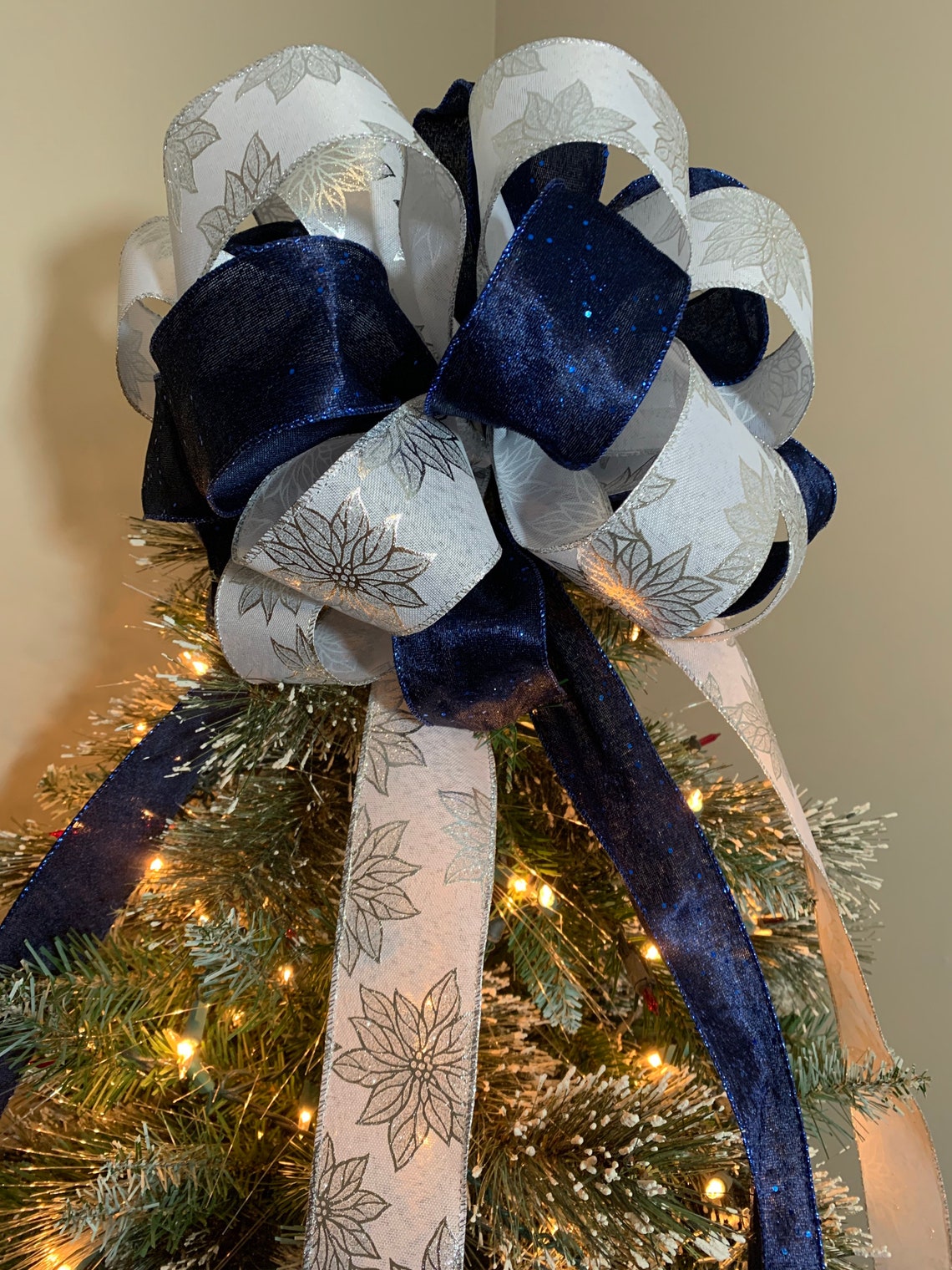 Large Christmas Tree Topper White Linen With Silver Shiny - Etsy