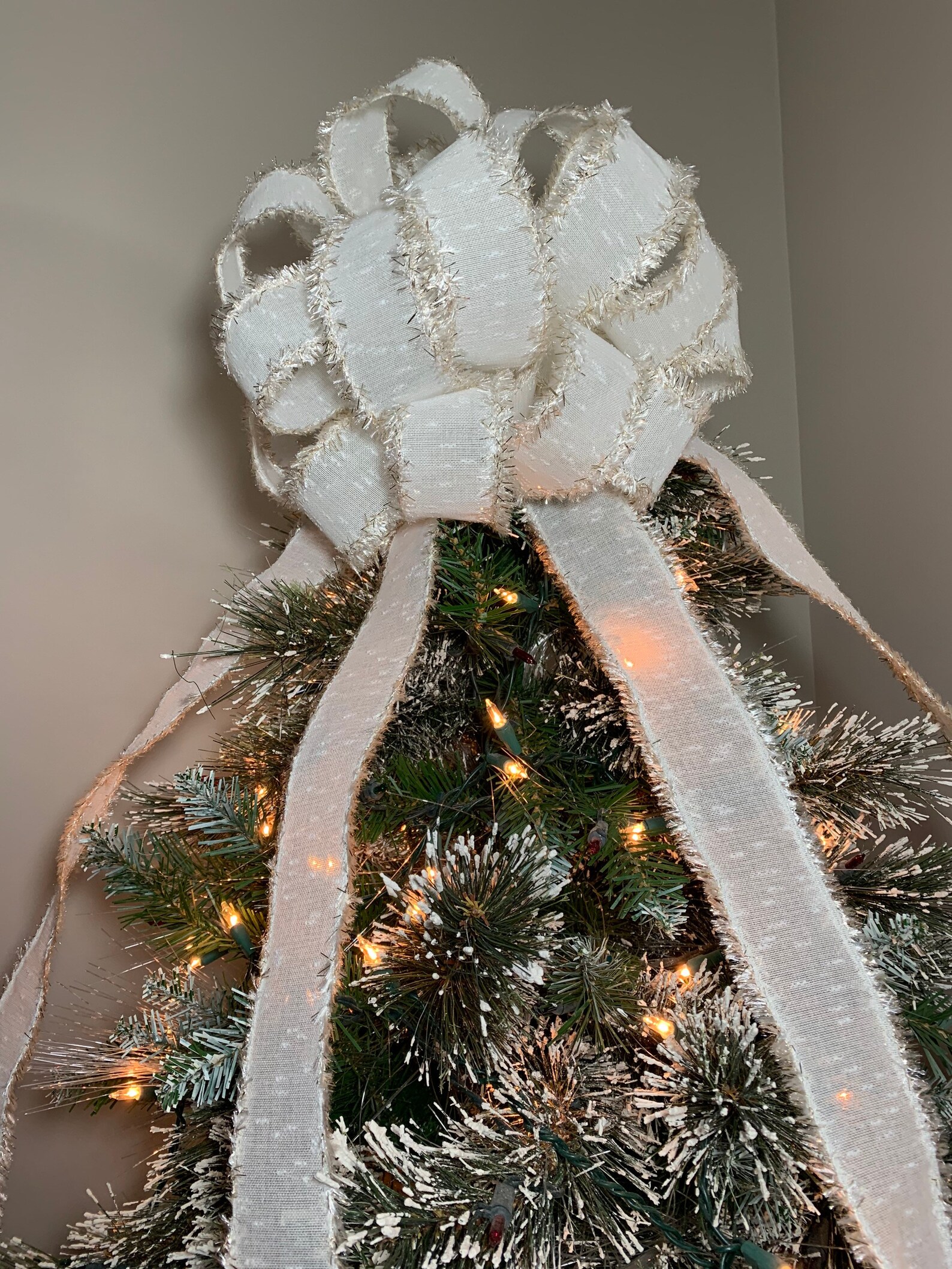 Large Christmas Tree Topper Bow off White Burlap Ribbon With Champagne ...