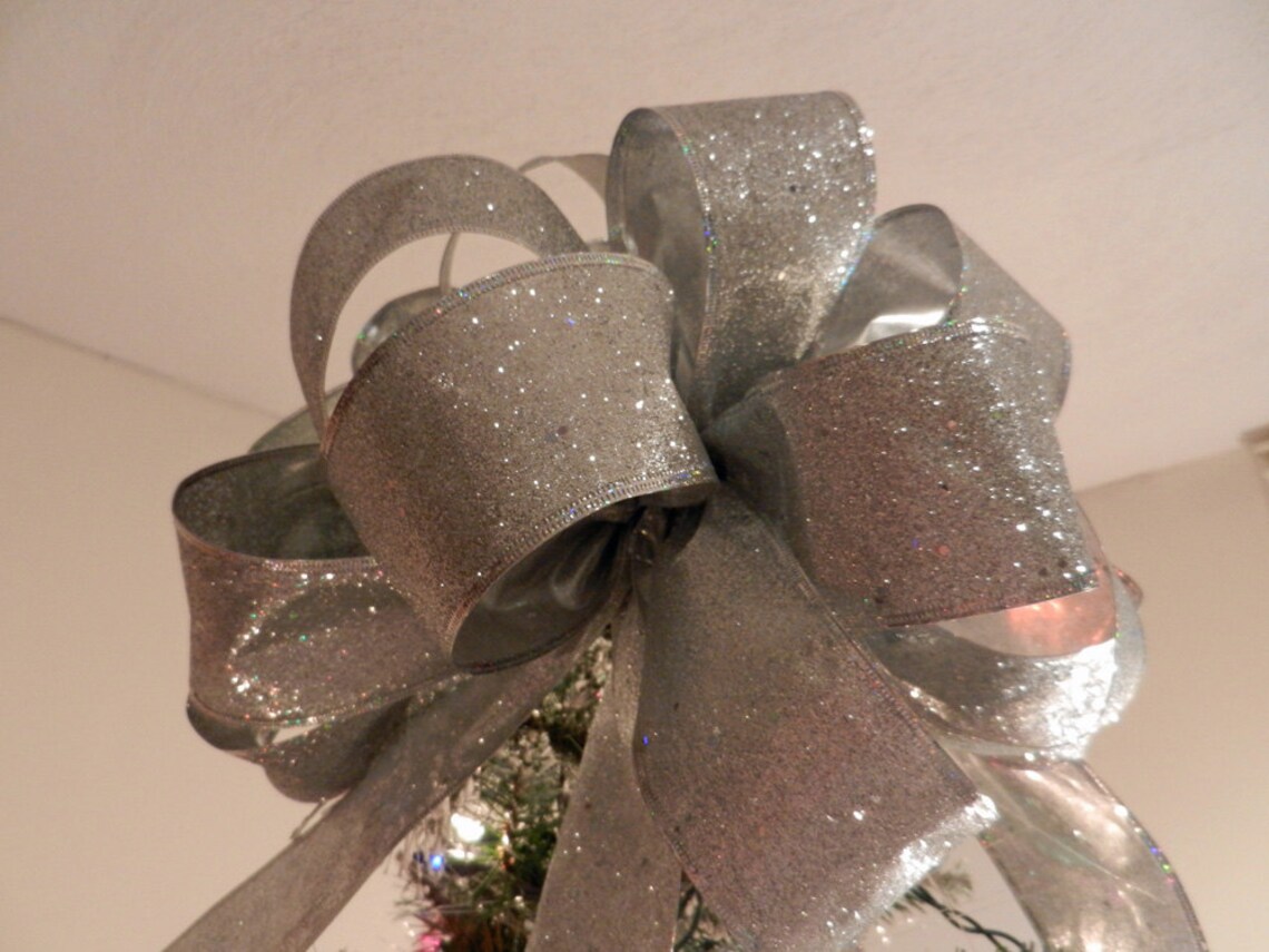 Large Silver Glitter Christmas Tree Topper Bow 6 Ft Tails - Etsy