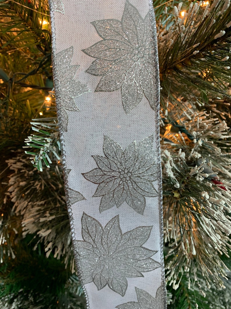 Large Christmas Tree Topper: White Linen, Silver Glitter Poinsettia ...