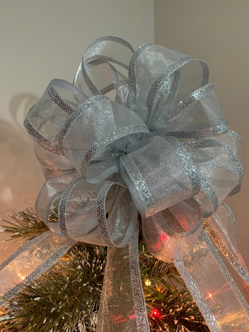 Large Christmas Tree Topper Bow Sheer Silver Center With Silver Glitter ...