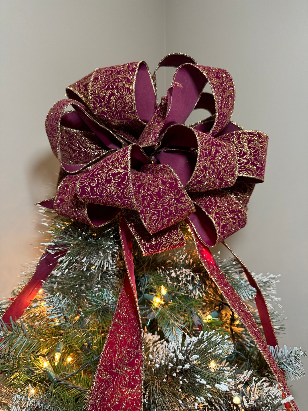 Large Christmas Tree Topper Burgundy With Gold Glitter Swirl and Leaf ...