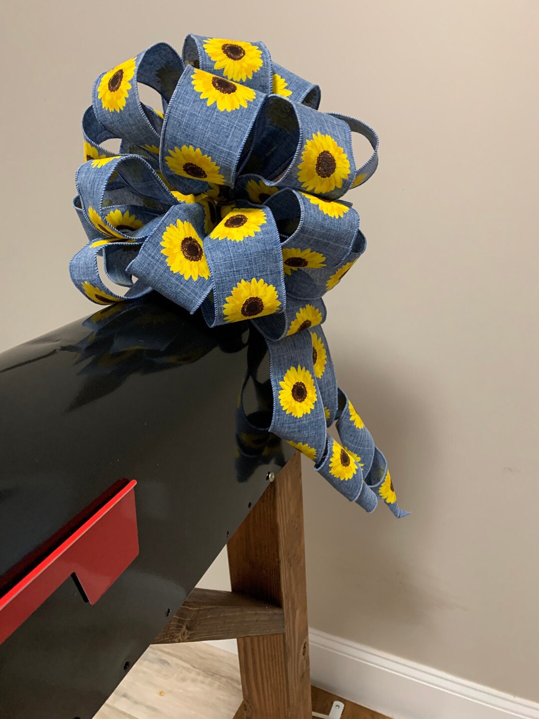 Summer/fall Mailbox Bow, Blue Denim Canvas Ribbon Print With Sunflowers ...