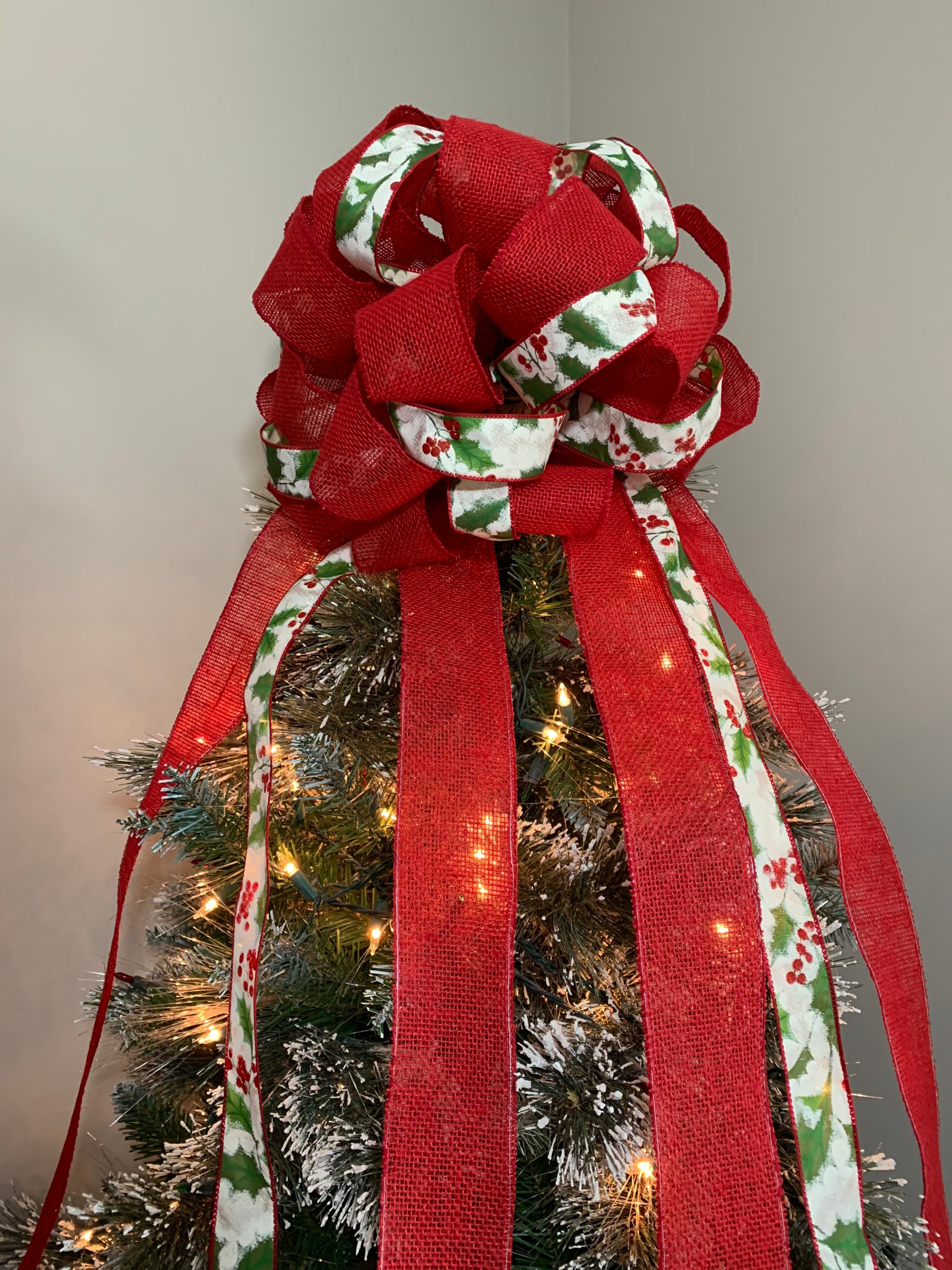 Large Christmas Tree Topper Bow Red Burlap Ribbon and a White | Etsy