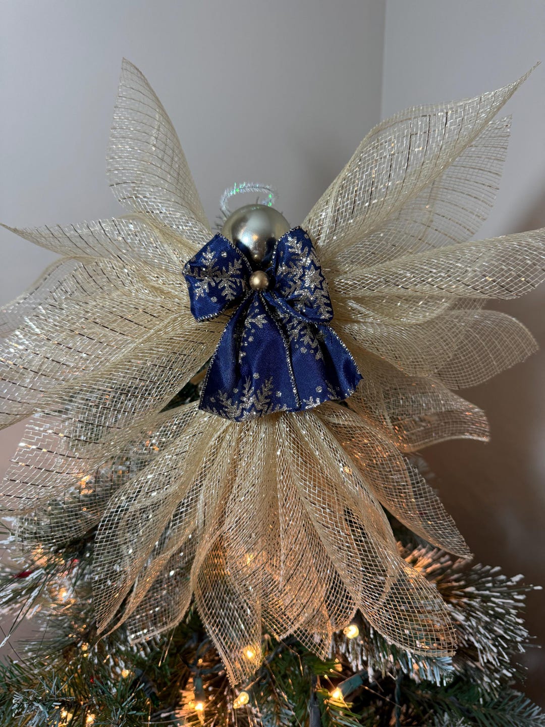 Champagne Gold Angel Christmas Tree Topper With Navy Snowflake Bow - Etsy
