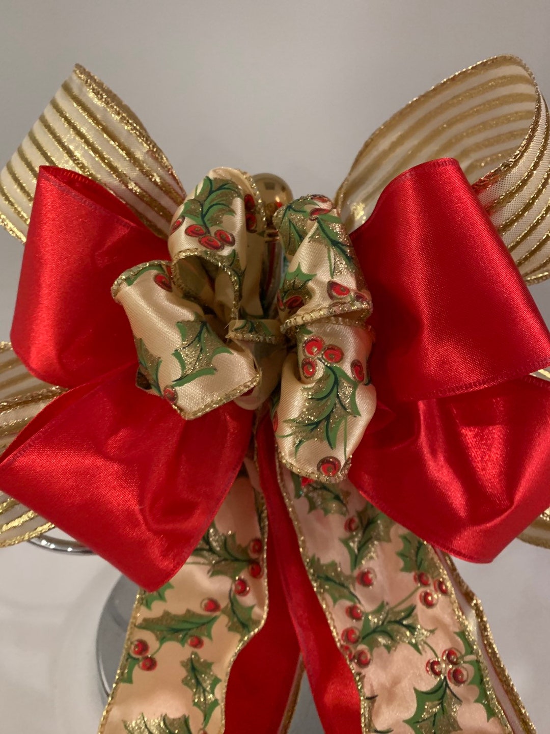 Set of 2 Xmas Mantel Bows, Lamp Post Bows, Red Polyester Ribbon , a ...