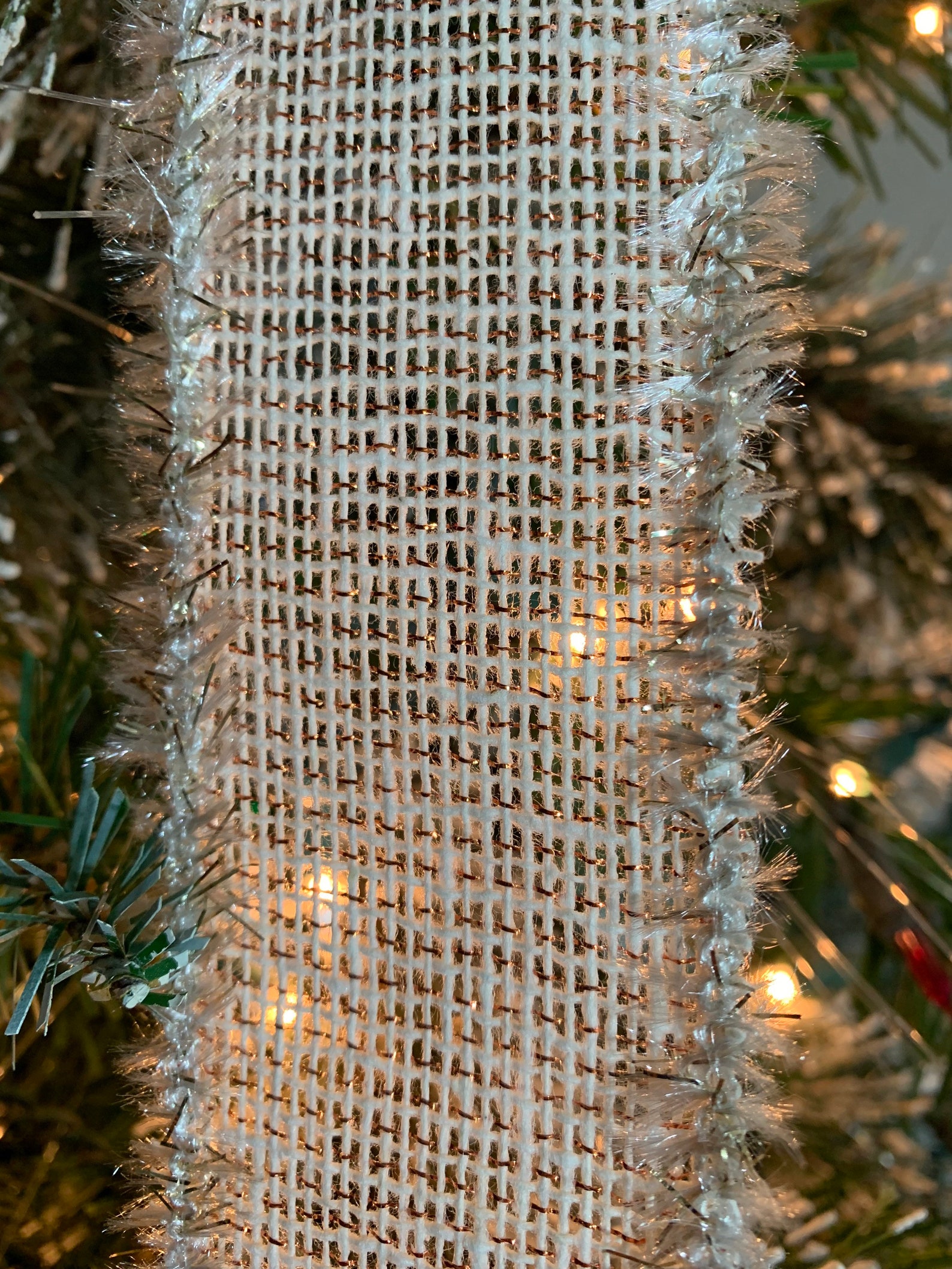 Medium Christmas Tree Topper Bow White Burlap Ribbon With Red Threading ...