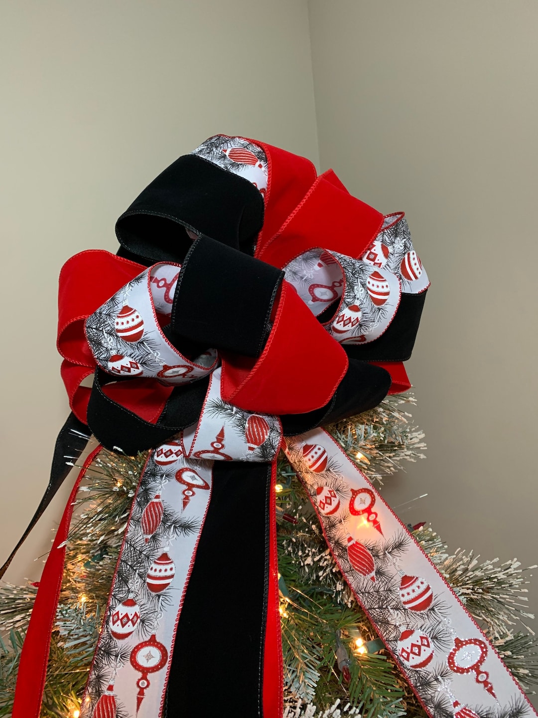 Large Christmas Tree Topper Bow Made With a Red and a Black Velour ...