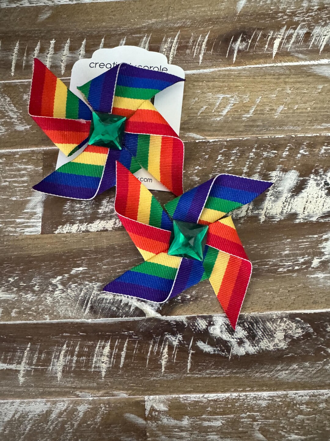 Set of 2 Rainbow Pride Pinwheel Hair Clip Bows With Green Jewel Center ...