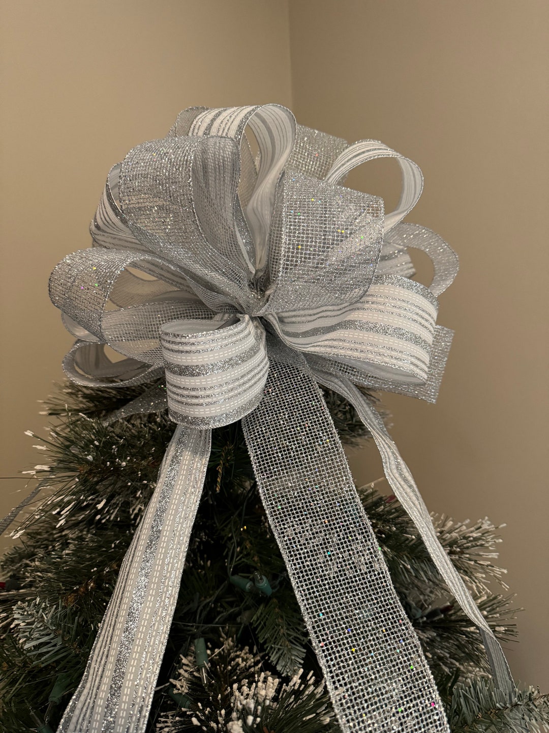 Large Christmas Tree Topper White Ribbon With Silver Glitter Stripes ...