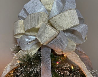 Large Christmas Tree Topper Bow Sheer Silver Center With - Etsy