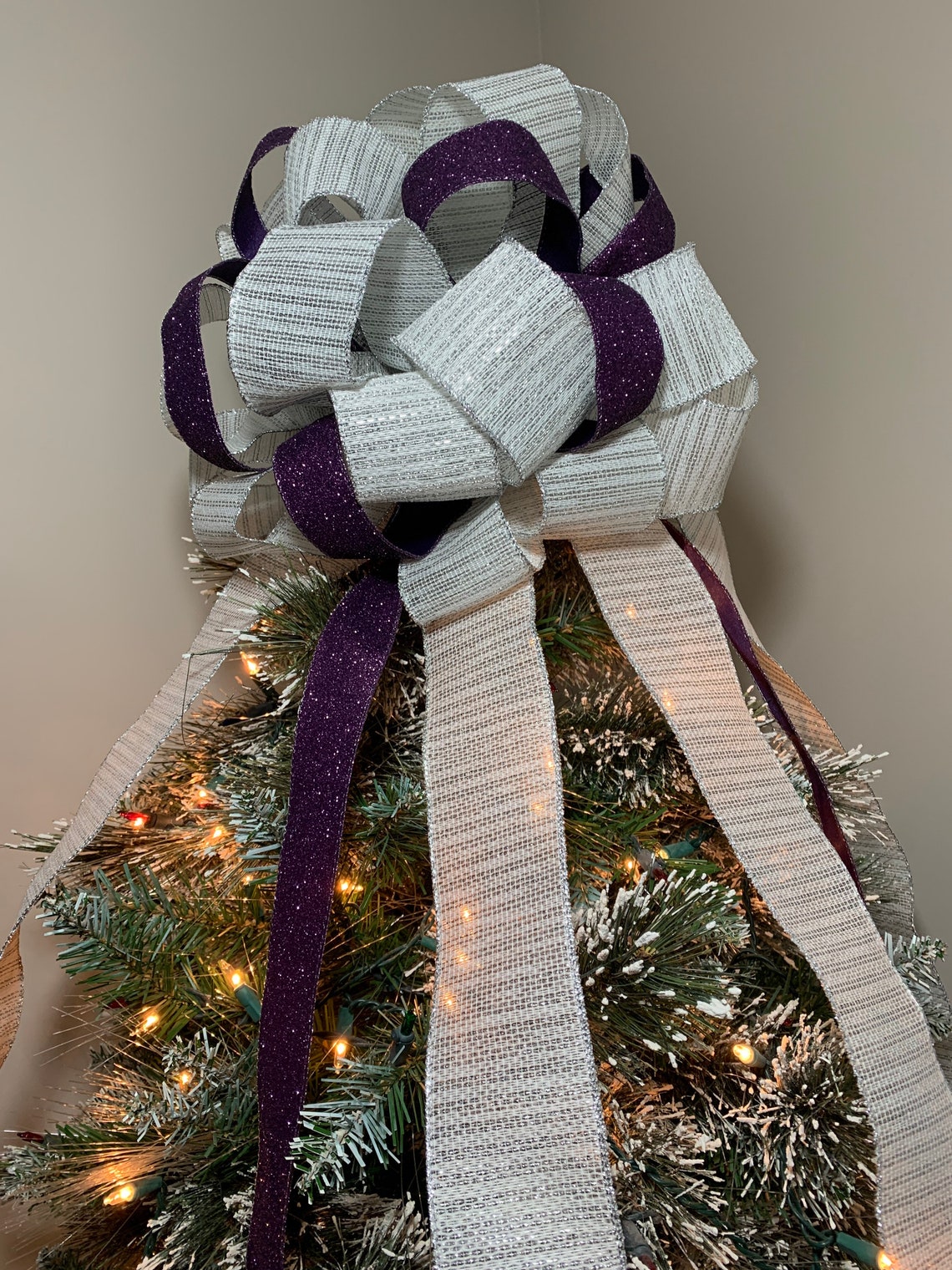 Large Christmas Tree Topper Bow White Ribbon With Shimmering - Etsy
