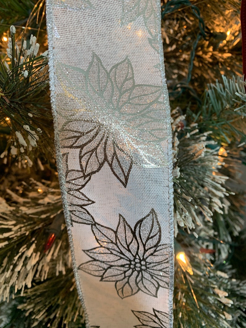 Large Christmas Tree Topper: White Linen, Silver Glitter Poinsettia ...