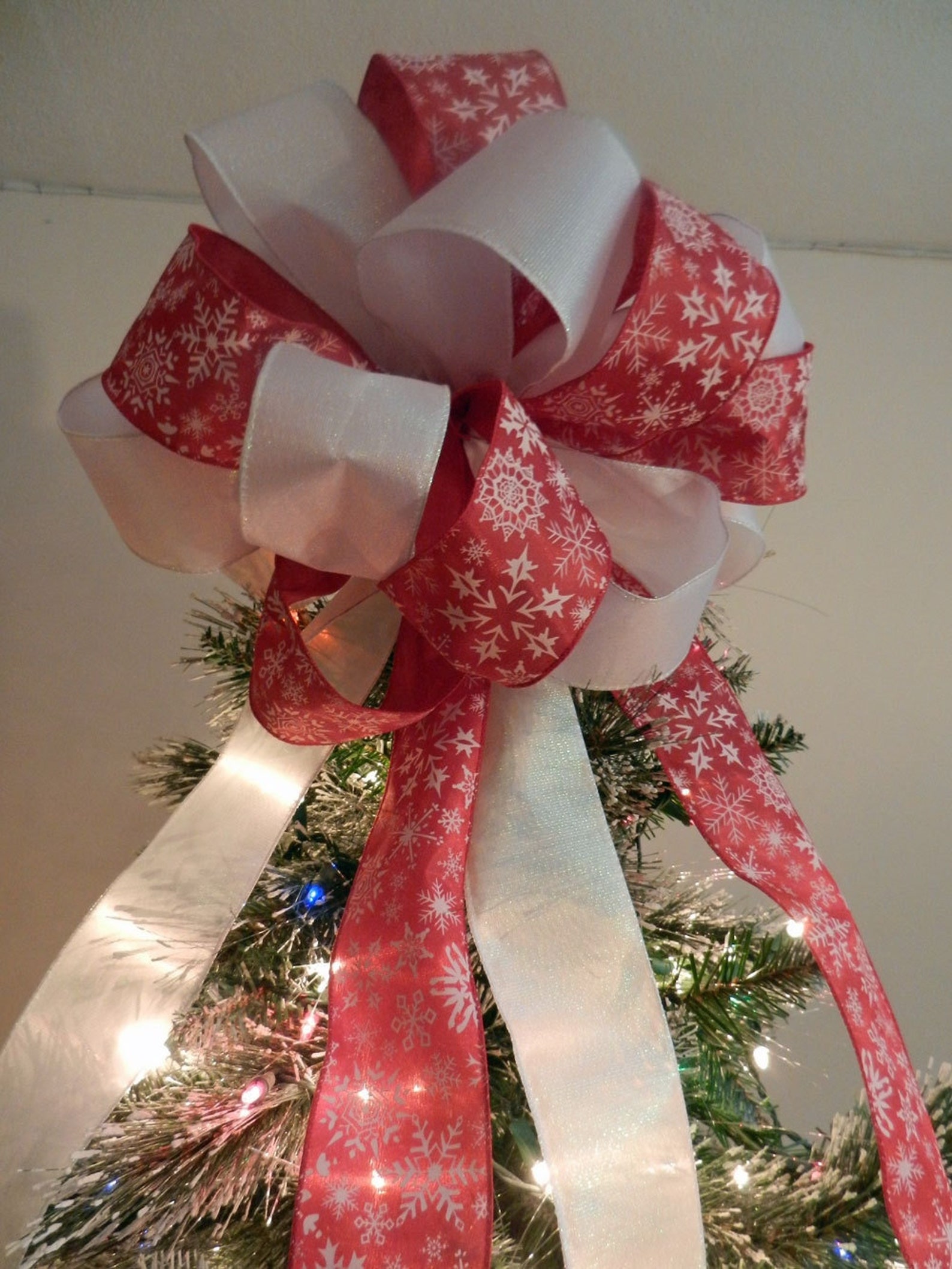Large Christmas Tree Topper Bow: Red Snowflake & Shimmer White Ribbon ...