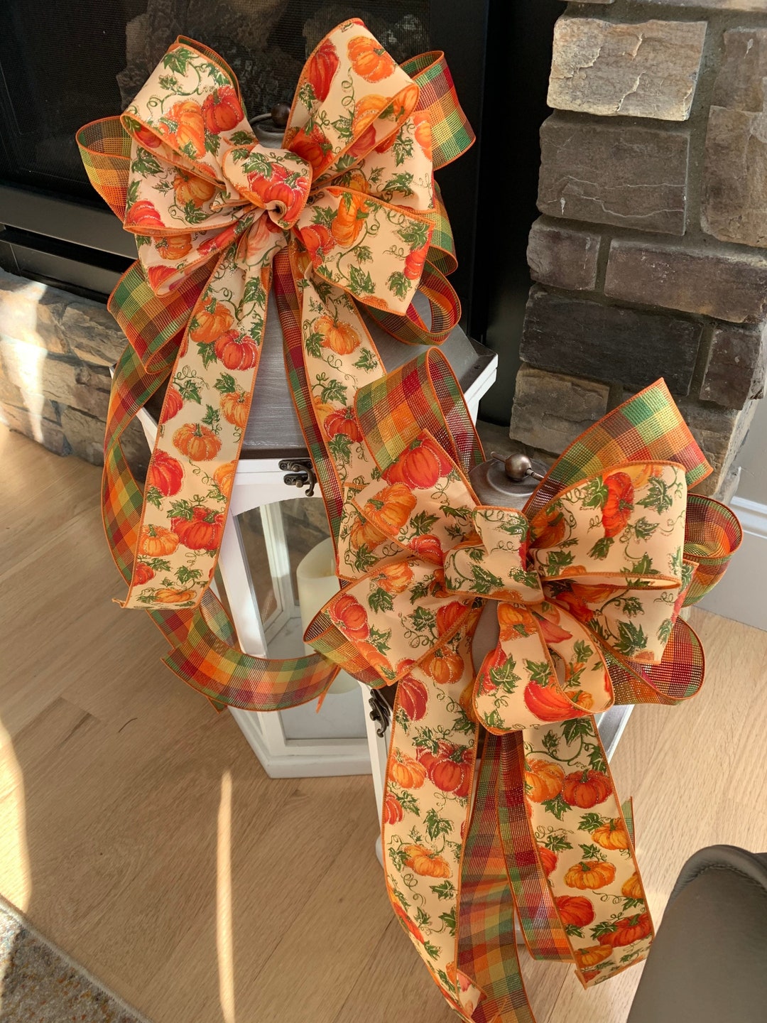 Set of 2 Fall Lantern Bows , Mantel Bows, Orange, Red and Green Plaid ...