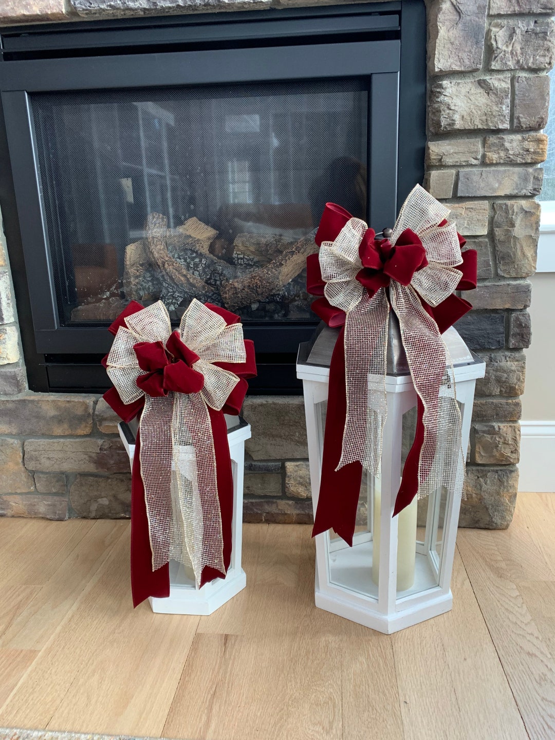 Set OF 2 Winter Holiday Bows Burgundy Velour and a Light Champagne Gold ...