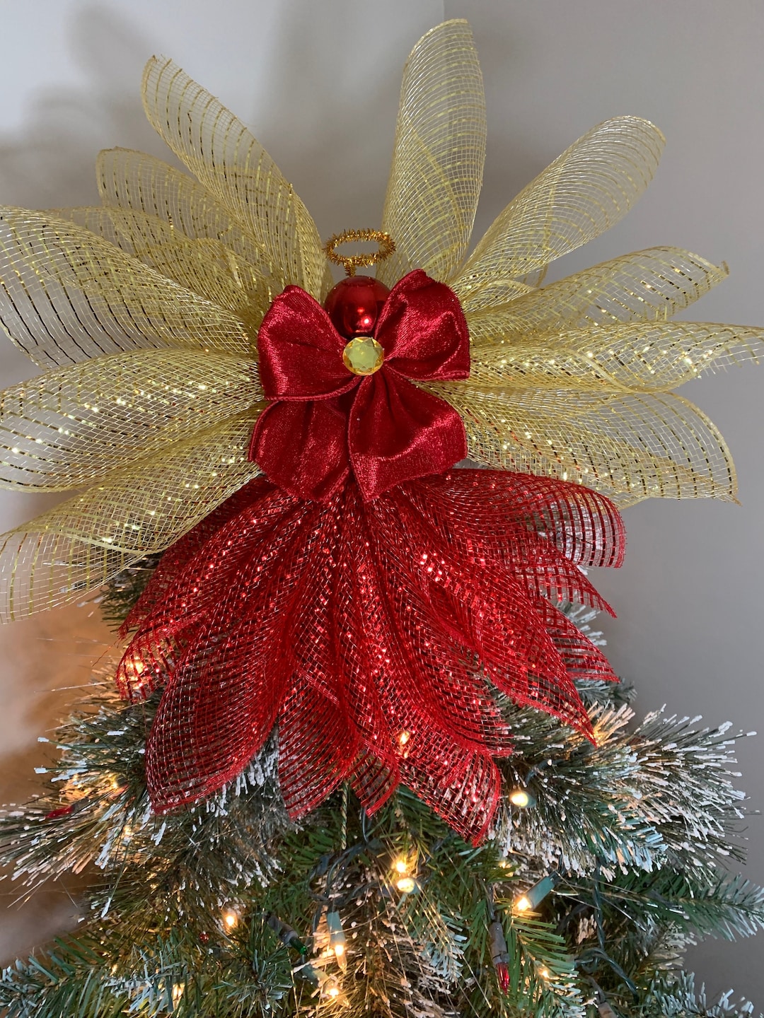 Red and Gold Deco Mesh Angel, Tree Topper, Guardian Angel, Get Well ...