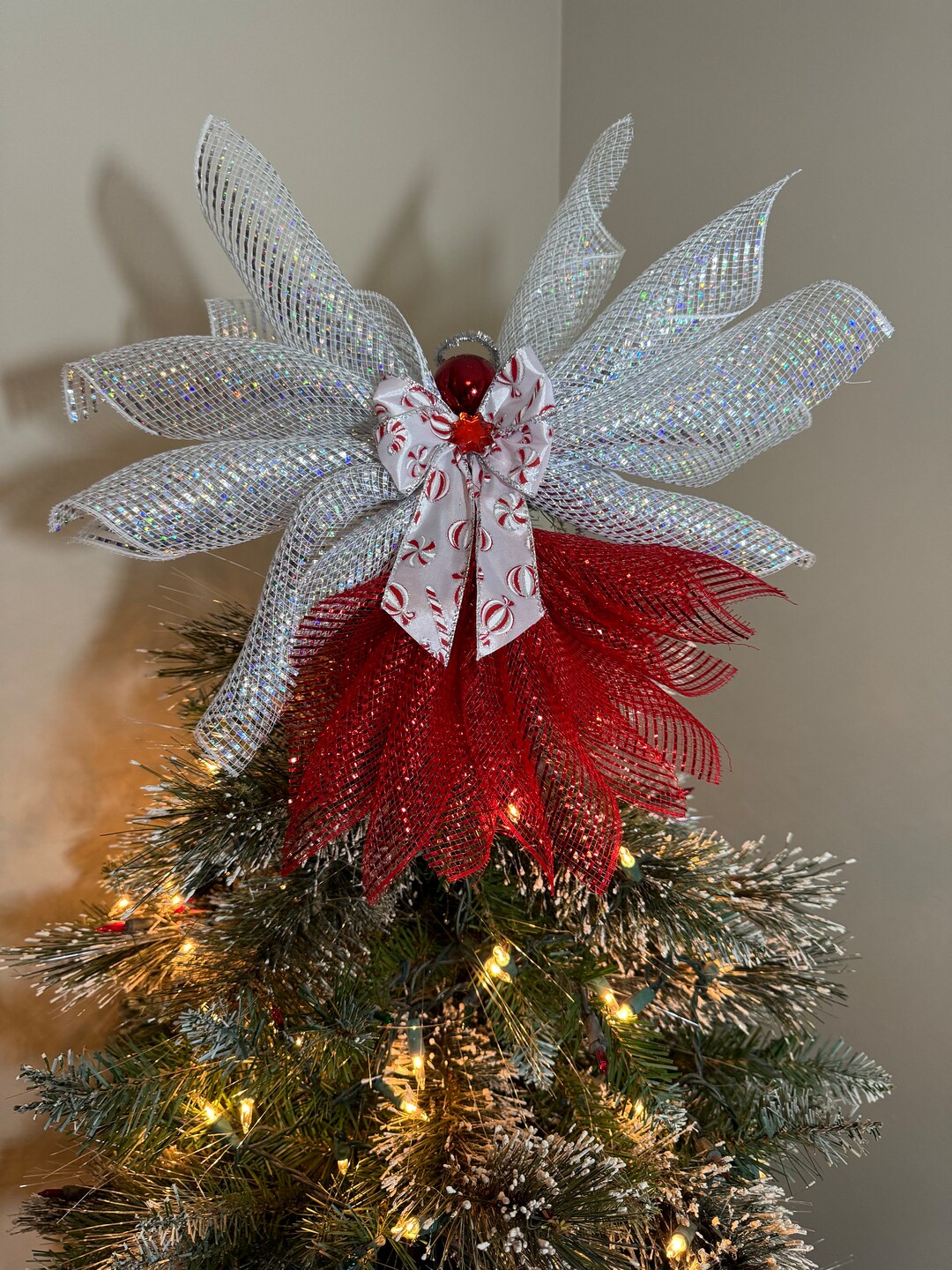 Red and Silver Deco Mesh Angel, Tree Topper, Guardian Angel, Get Well ...