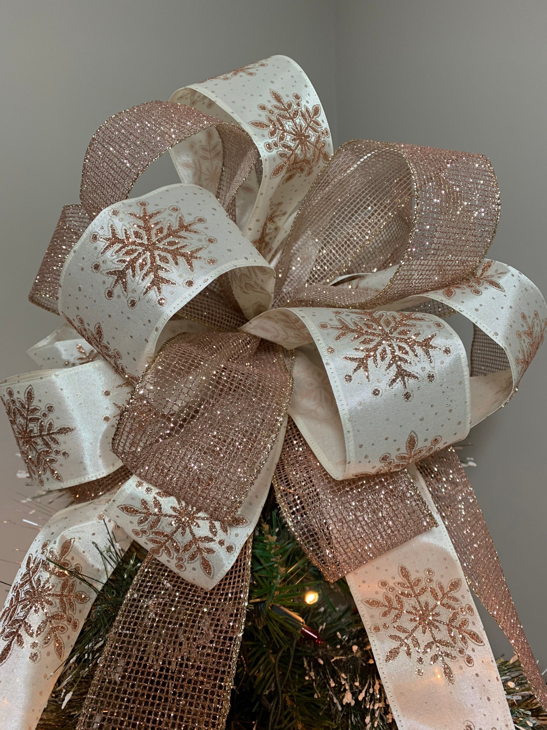 Large Christmas Tree Topper Bow Ivory Ribbon W/ Rose Gold | Etsy