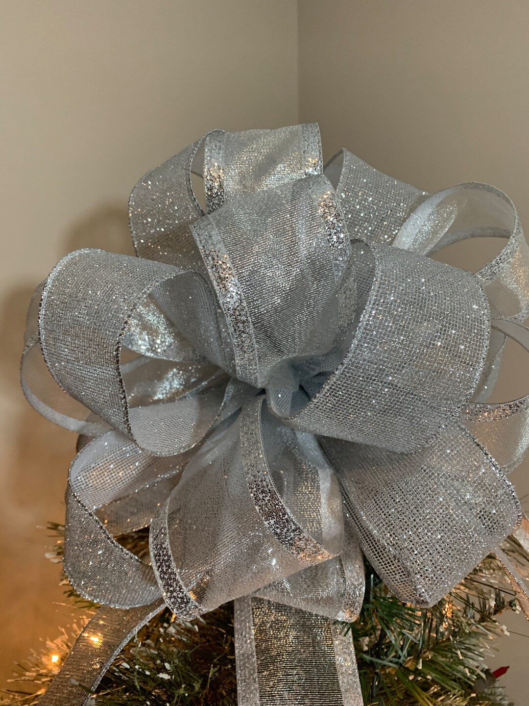 Large Christmas Tree Topper Bow Sheer Silver Center W/ Silver Glitter ...