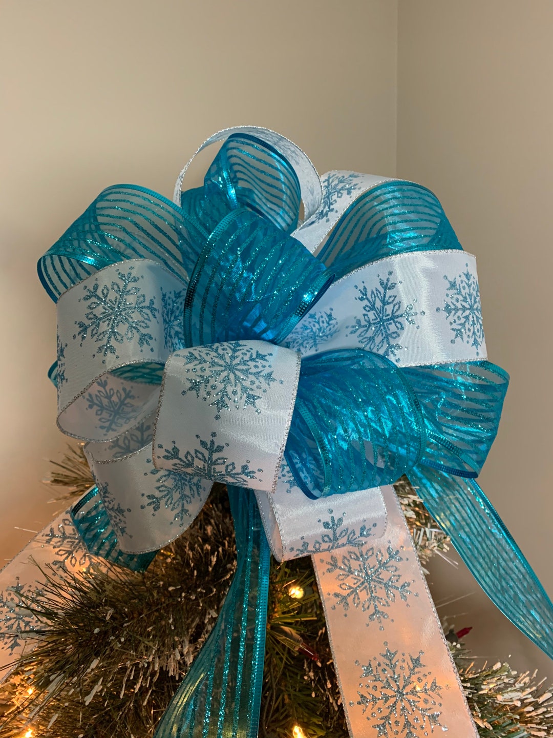 Large Christmas Tree Topper Bow: White & Teal Glitter Snowflake Ribbon ...