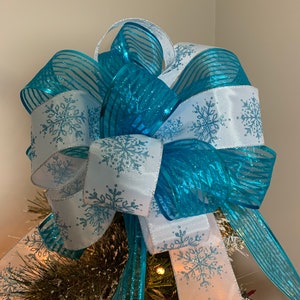 Large Christmas Tree Topper Bow: White & Teal Glitter Snowflake Ribbon ...