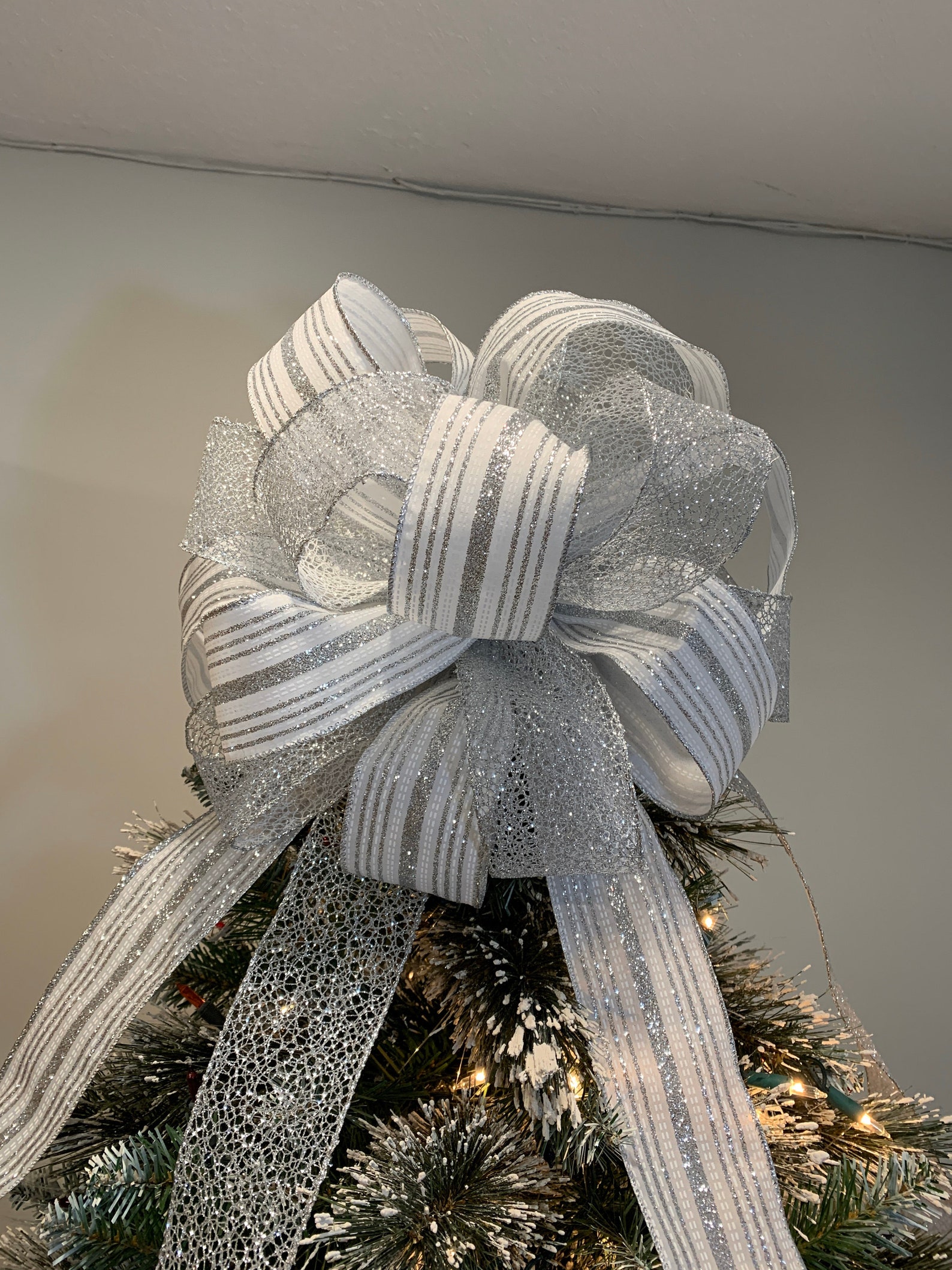 Large Christmas Tree Topper White Ribbon With Silver Glitter | Etsy