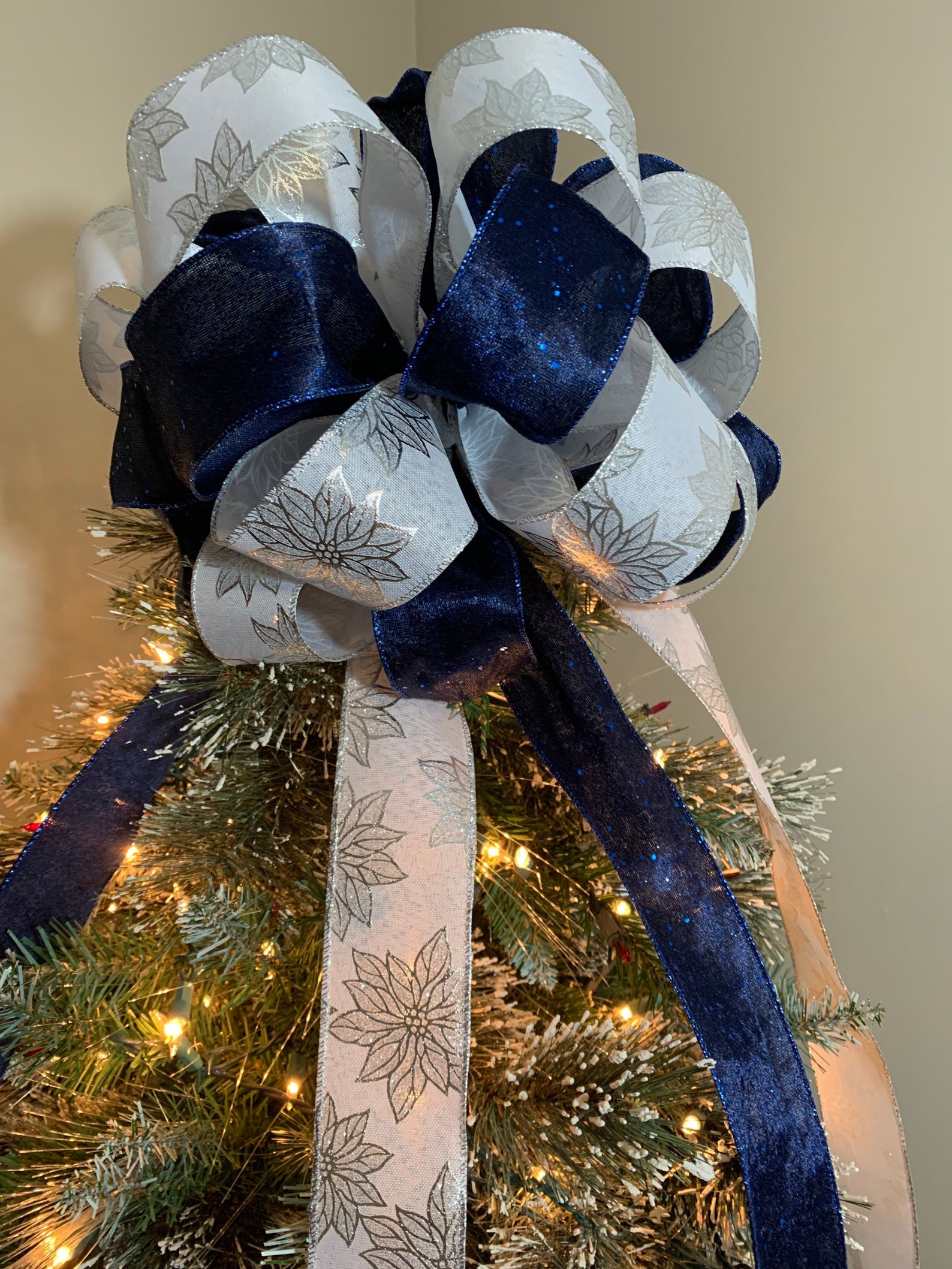 Large Christmas Tree Topper White Linen With Silver Shiny - Etsy