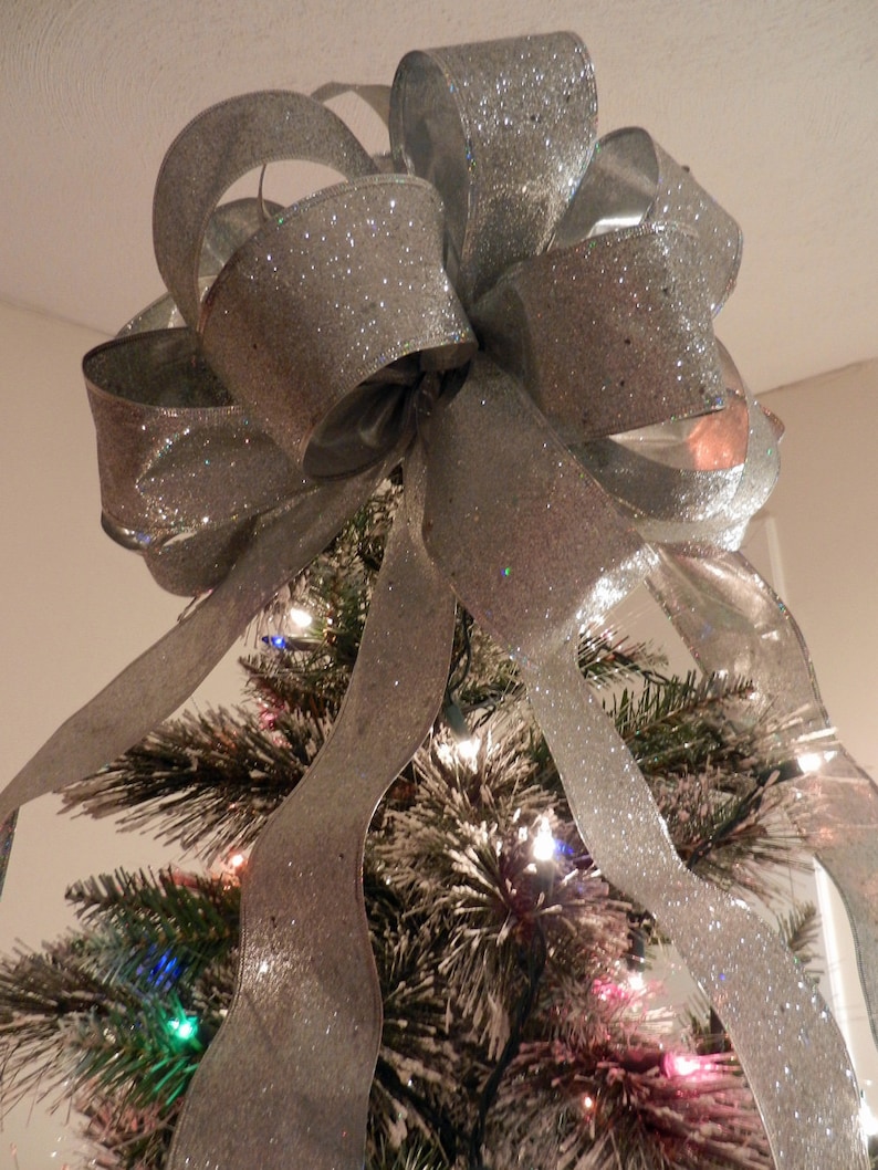 Large Silver Glitter Christmas Tree Topper Bow 6 Ft Tails - Etsy