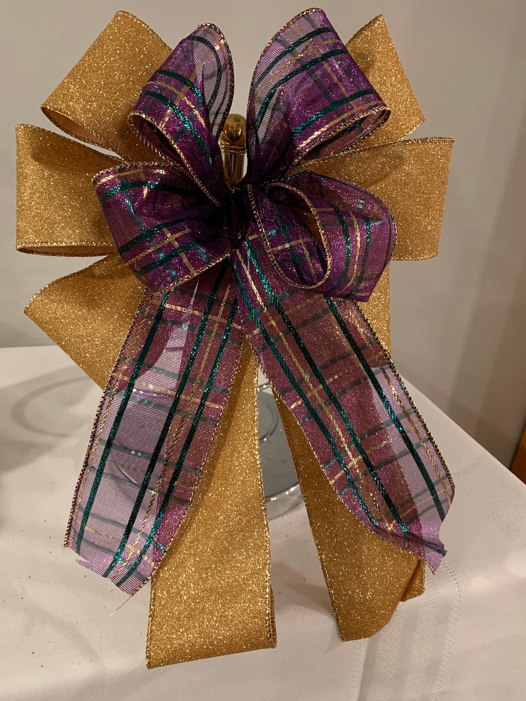 Christmas Decorative Bow, Gold Glitter and Purple Plaid - Etsy