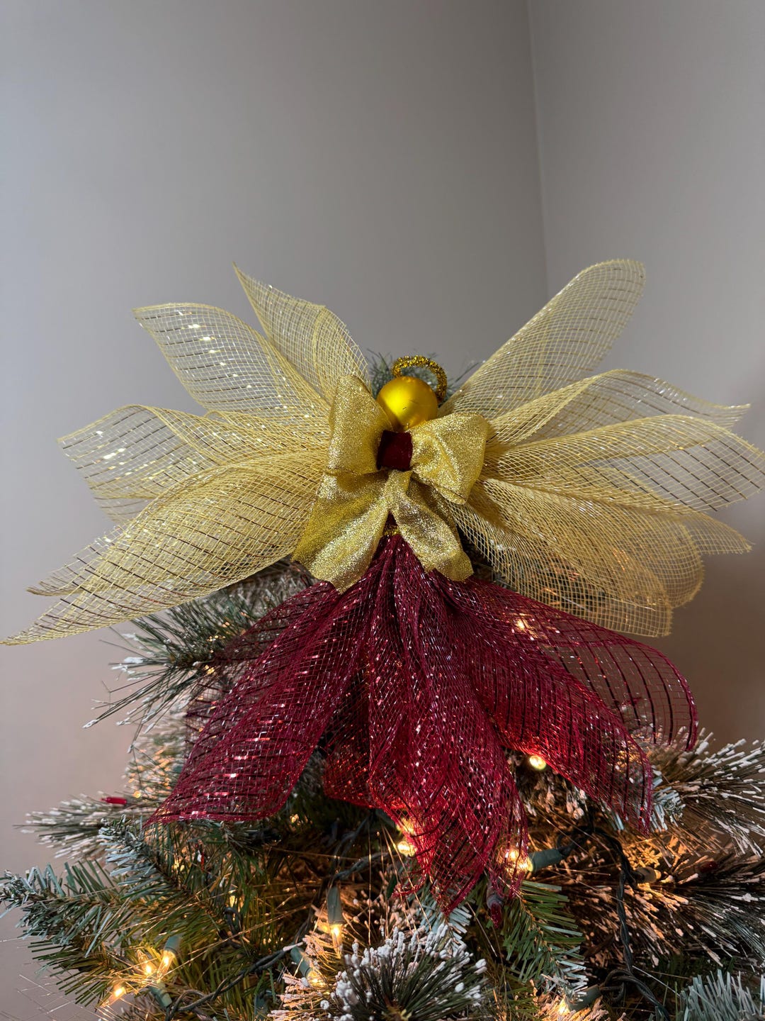 Burgundy and Gold Deco Mesh Angel, Tree Topper, Guardian Angel, Get ...