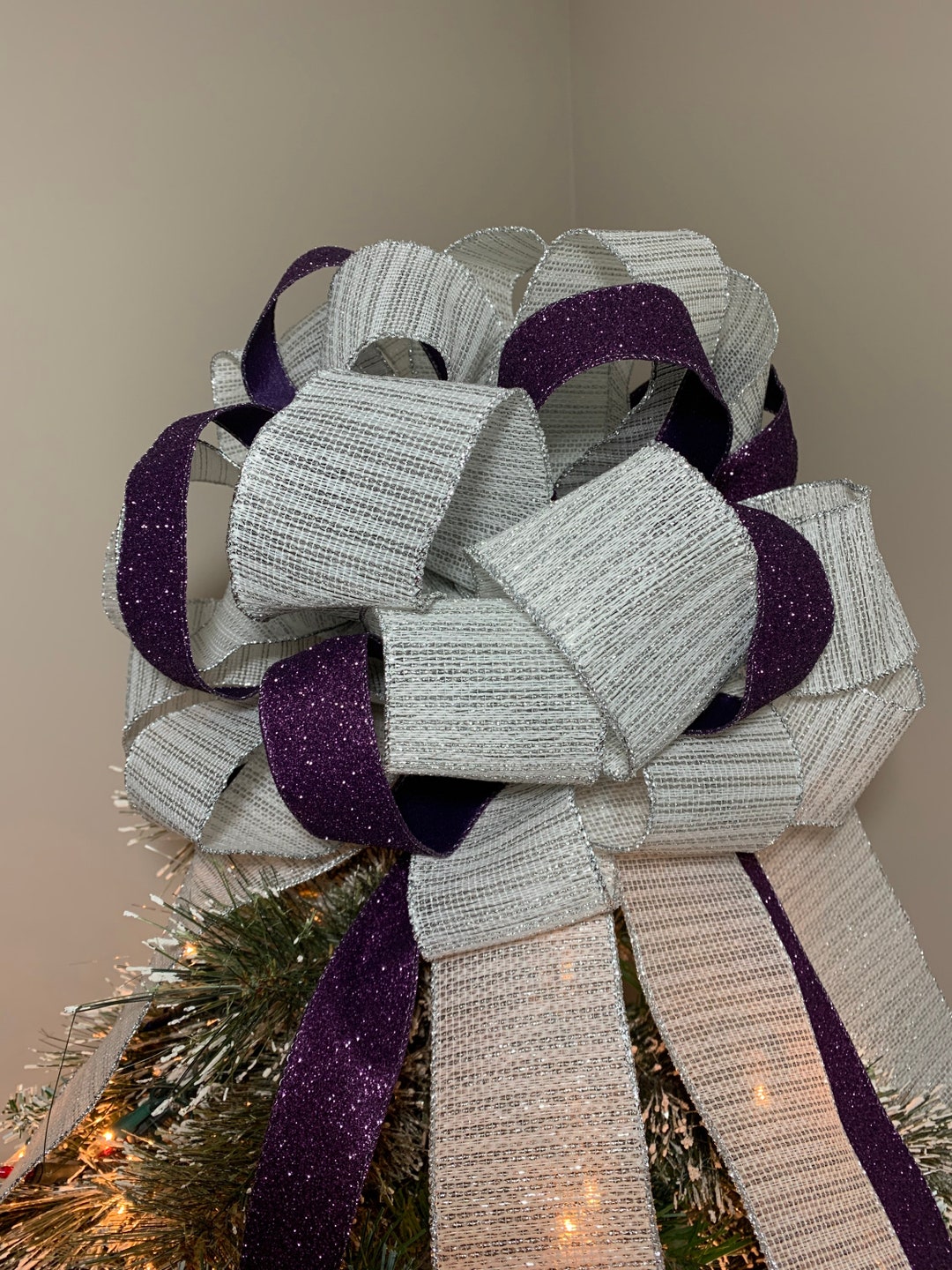 Large Christmas Tree Topper Bow: White, Silver & Purple Glitter Ribbon ...
