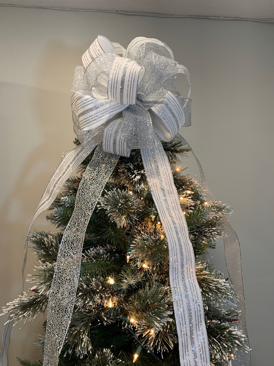 Large Christmas Tree Topper White Ribbon With Silver Glitter | Etsy