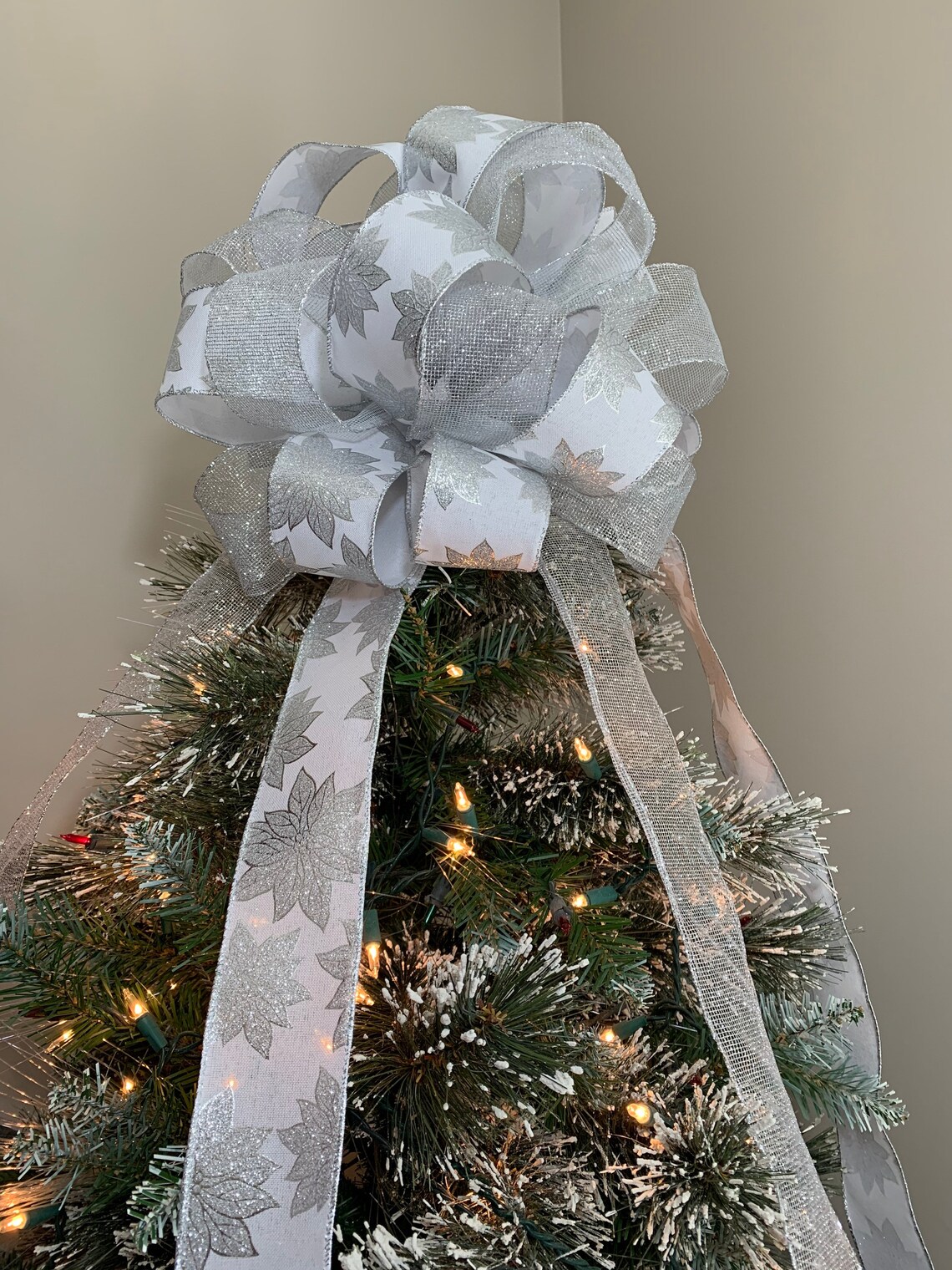 Large Christmas Tree Topper: White Linen Silver Glitter Poinsettia Bow ...
