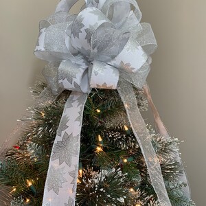 Large Christmas Tree Topper: White Linen Silver Glitter Poinsettia Bow ...