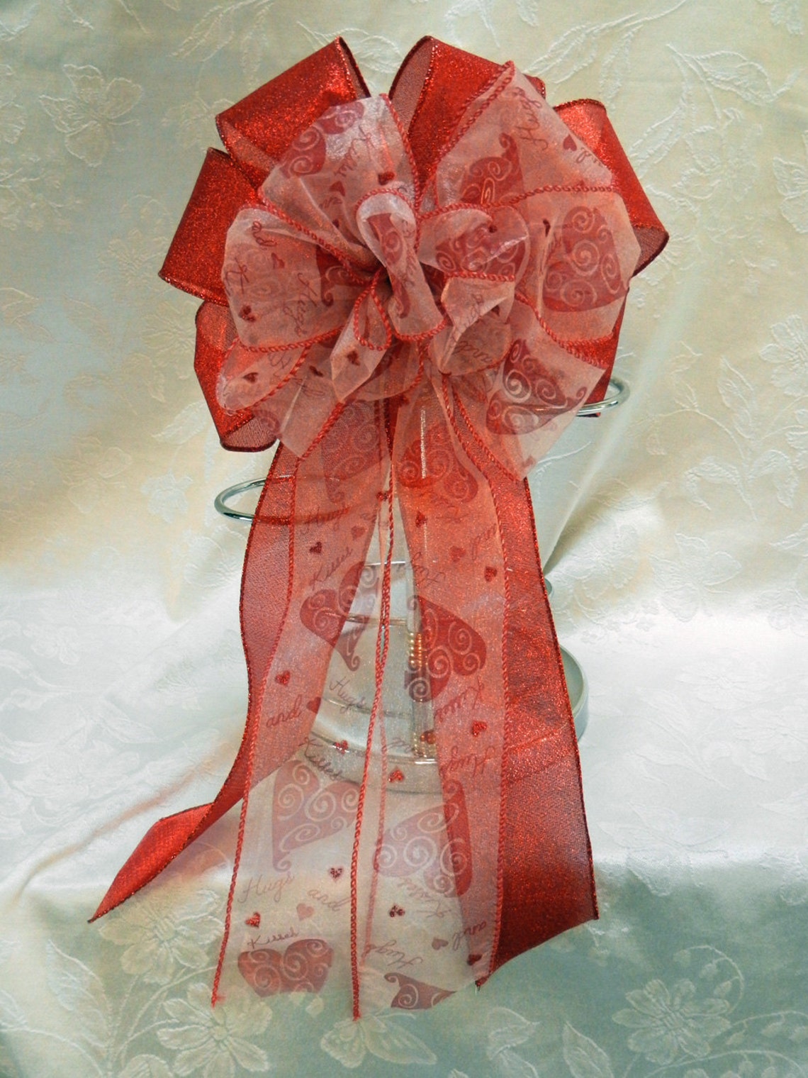 Valentine Wreath Bow Sheer Ribbon With Red Hearts and Hugs and - Etsy