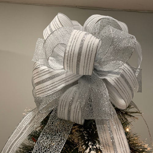 Large Silver Glitter Christmas Tree Topper Bow 6 Ft Tails - Etsy