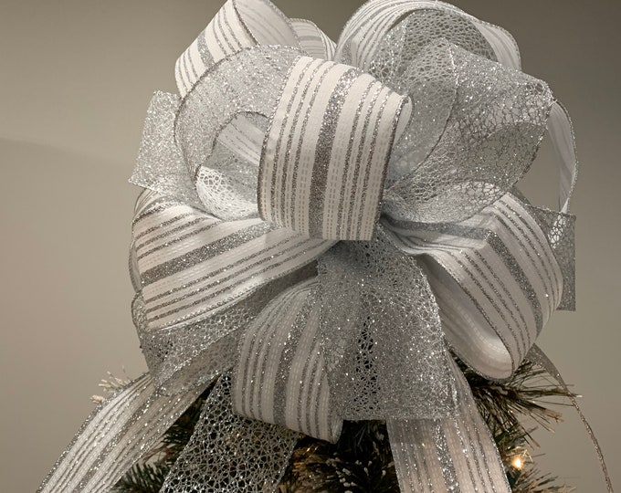 Large Christmas Tree Topper White Ribbon With Silver Glitter - Etsy