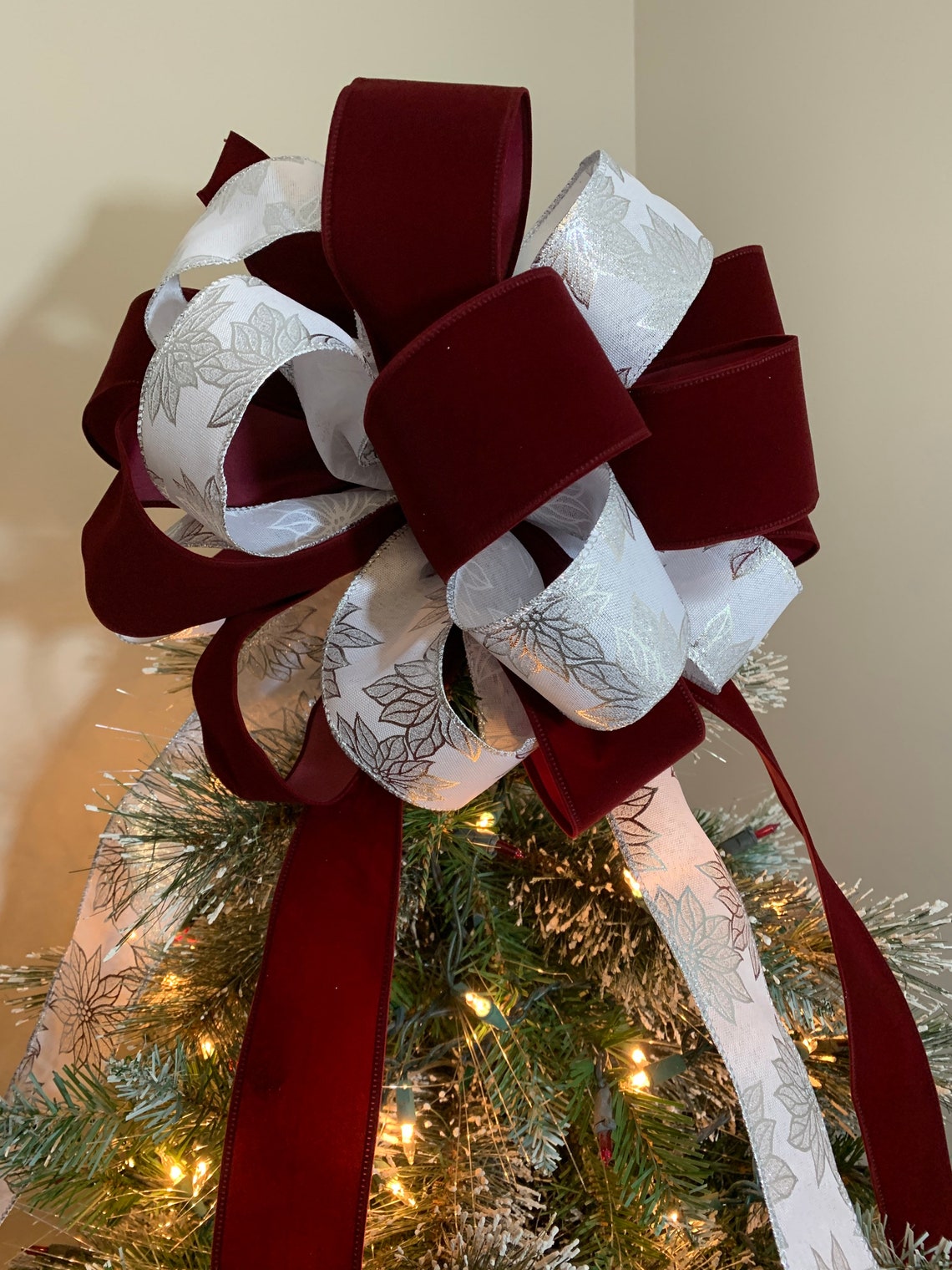 Large Christmas Tree Topper: White Linen, Silver Glitter Poinsettia ...