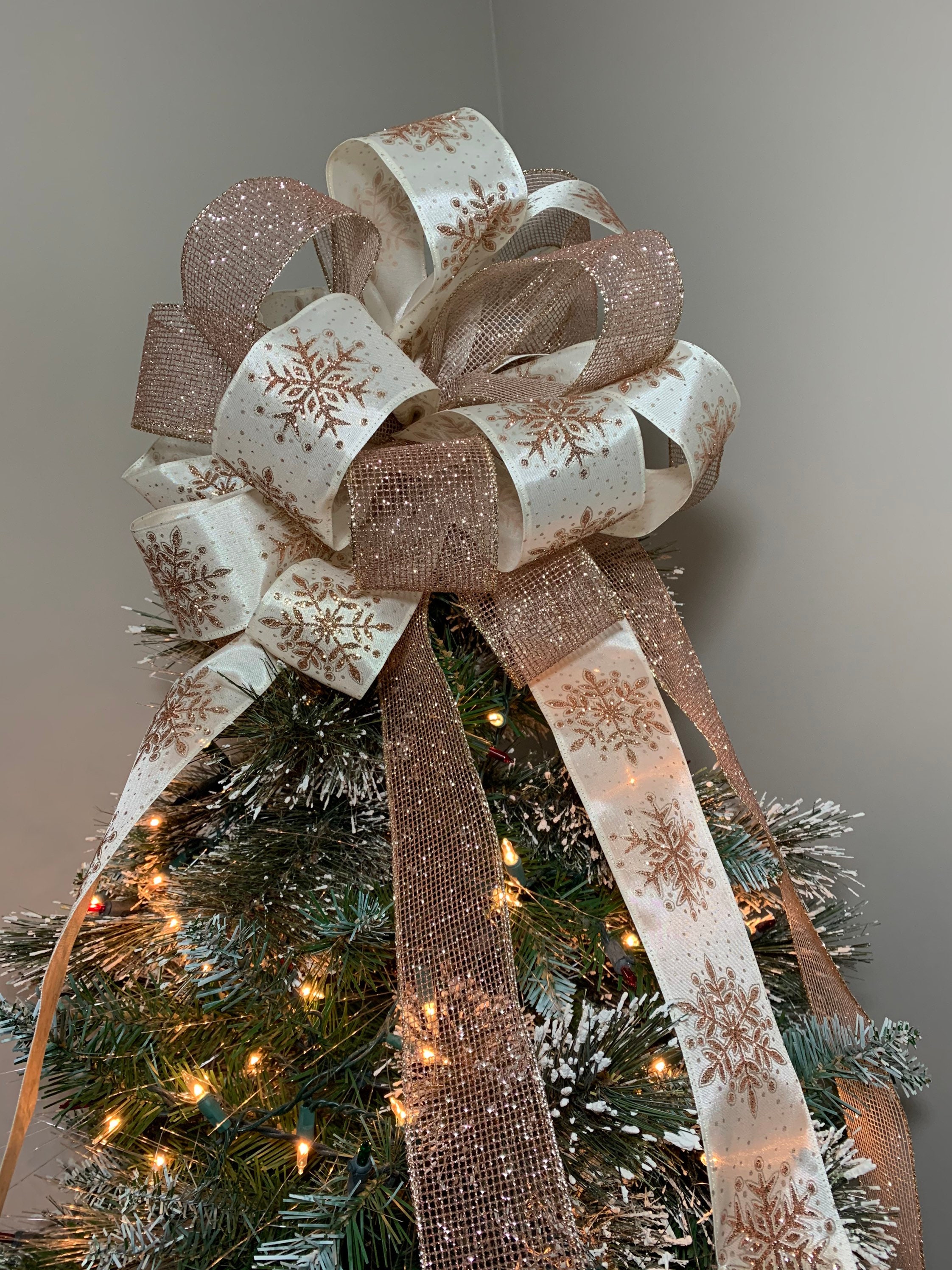 Large Christmas Tree Topper Bow Ivory Ribbon W/ Rose Gold | Etsy