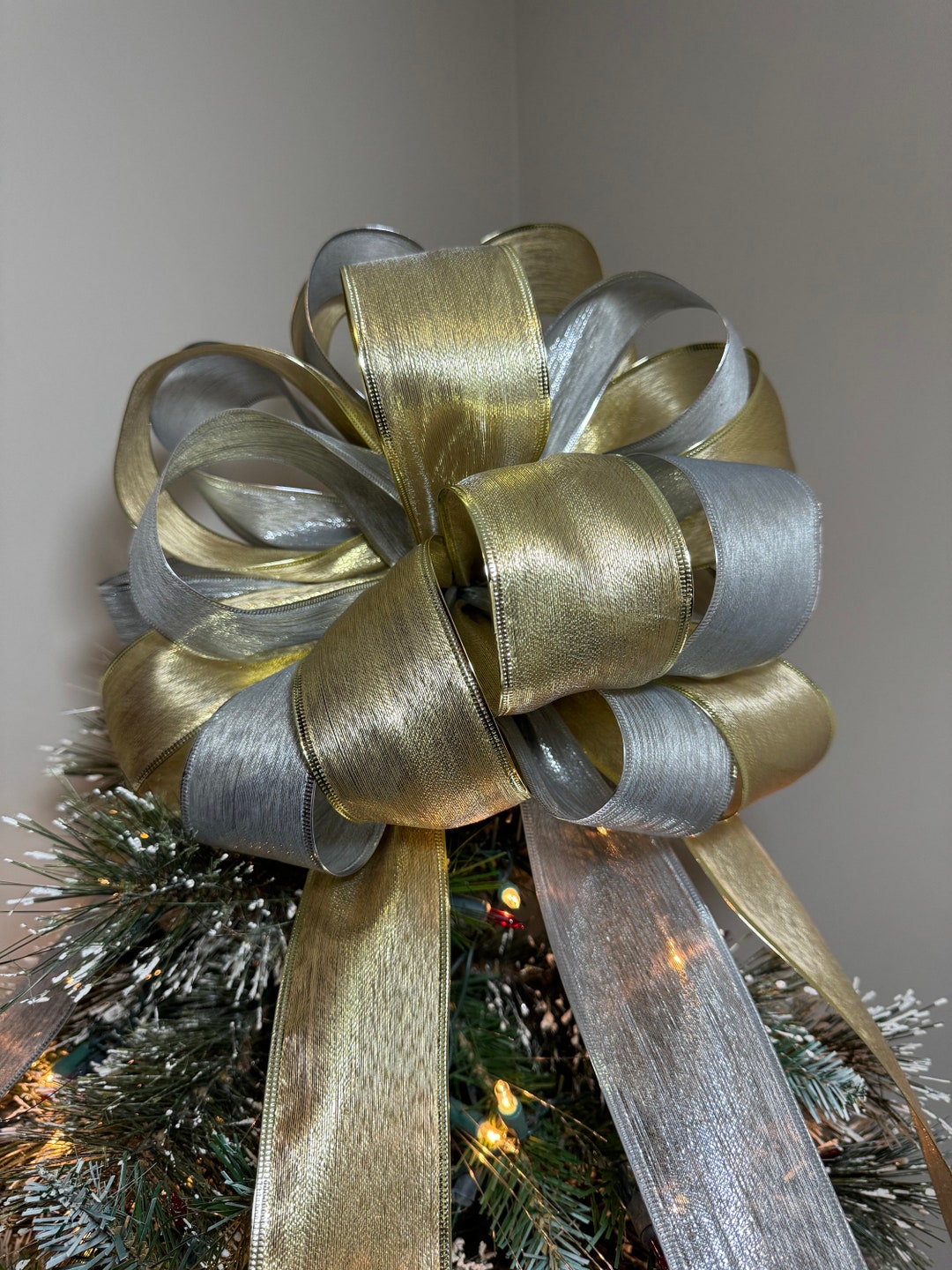 Christmas Tree Topper Bow Semi Sheer Shiny Gold and Silver Ribbons 6 Ft ...