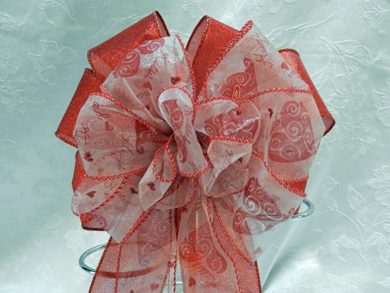 Valentine Wreath Bow Sheer Ribbon With Red Hearts and Hugs and - Etsy