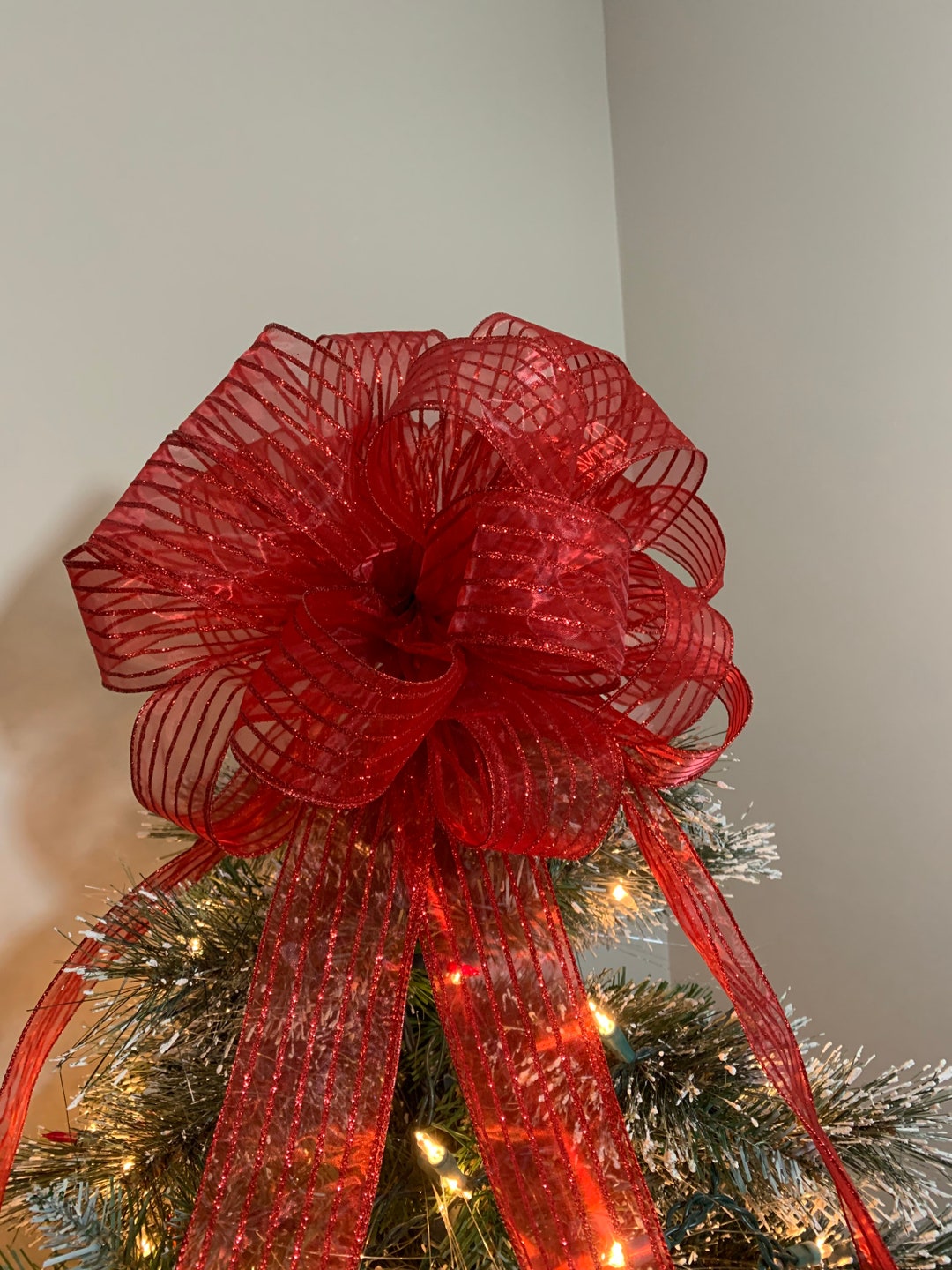 Large Sheer Red With Red Glitter Stripes Ribbon Christmas Tree Topper ...