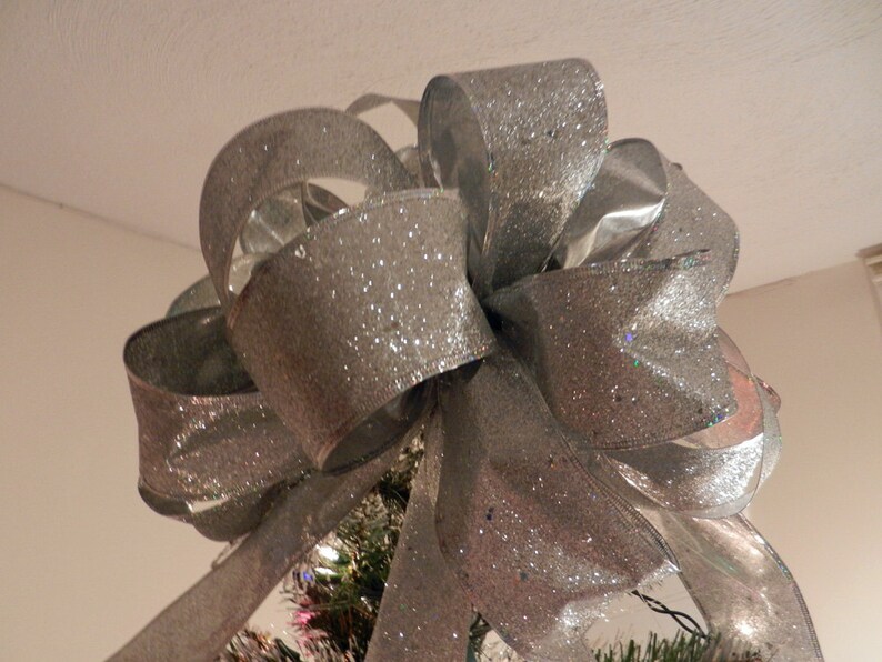 Large Silver Glitter Christmas Tree Topper Bow 6 Ft Tails - Etsy